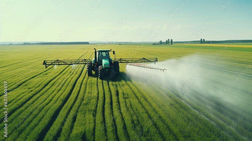 Tractor spreading potash fertilizer on green wheat field. Agriculture ...