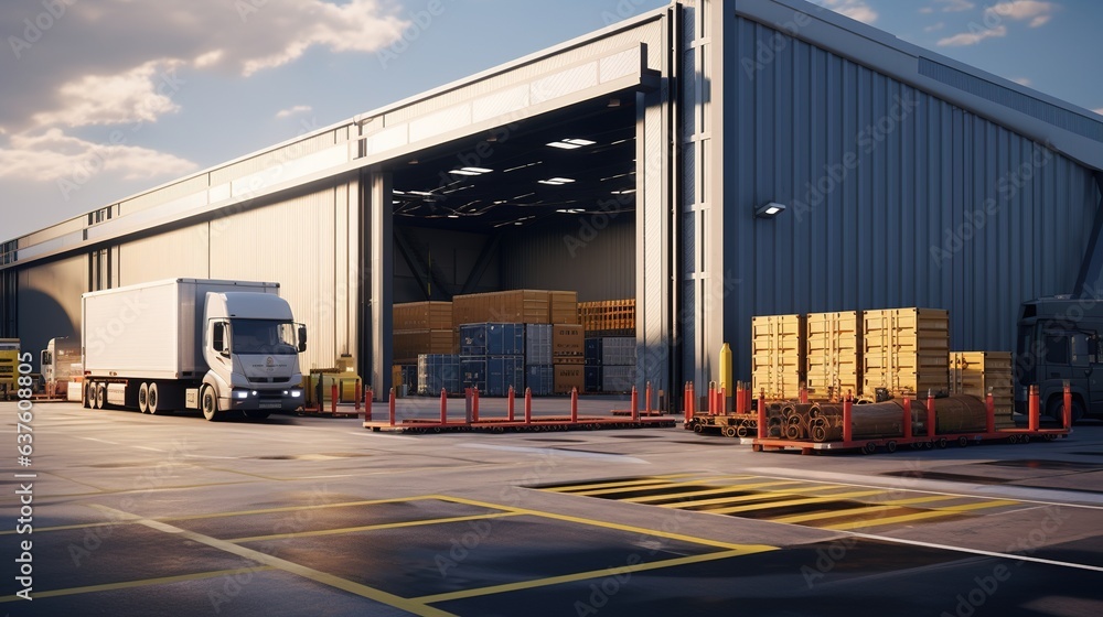 Warehouse façade featuring loading ramps and truck parking spaces ...