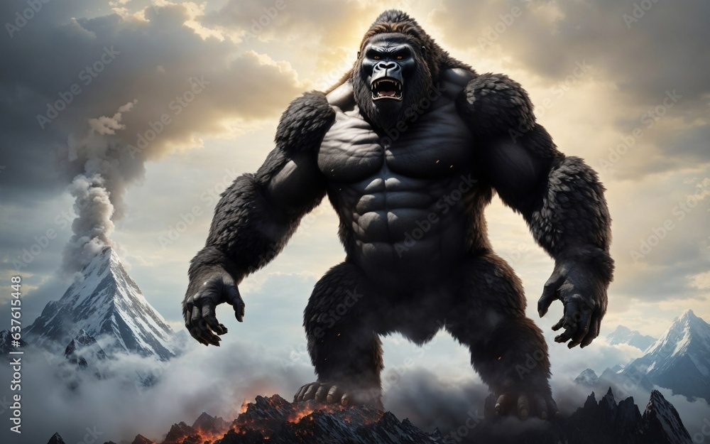 A massive King Kong standing atop a mountain roaring. Generative with ...
