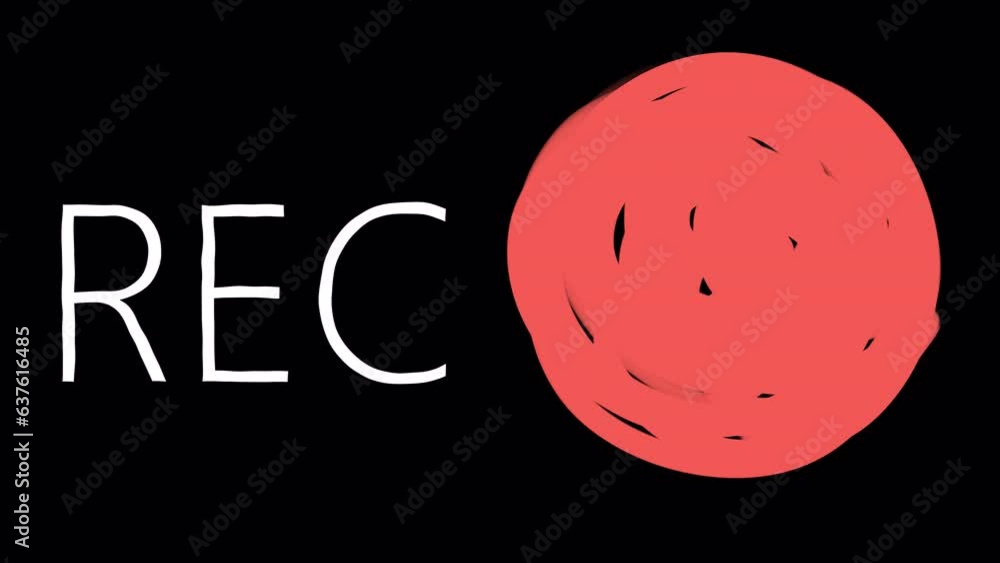 Animation of a REC icon with a pulsating red circle on a black screen ...