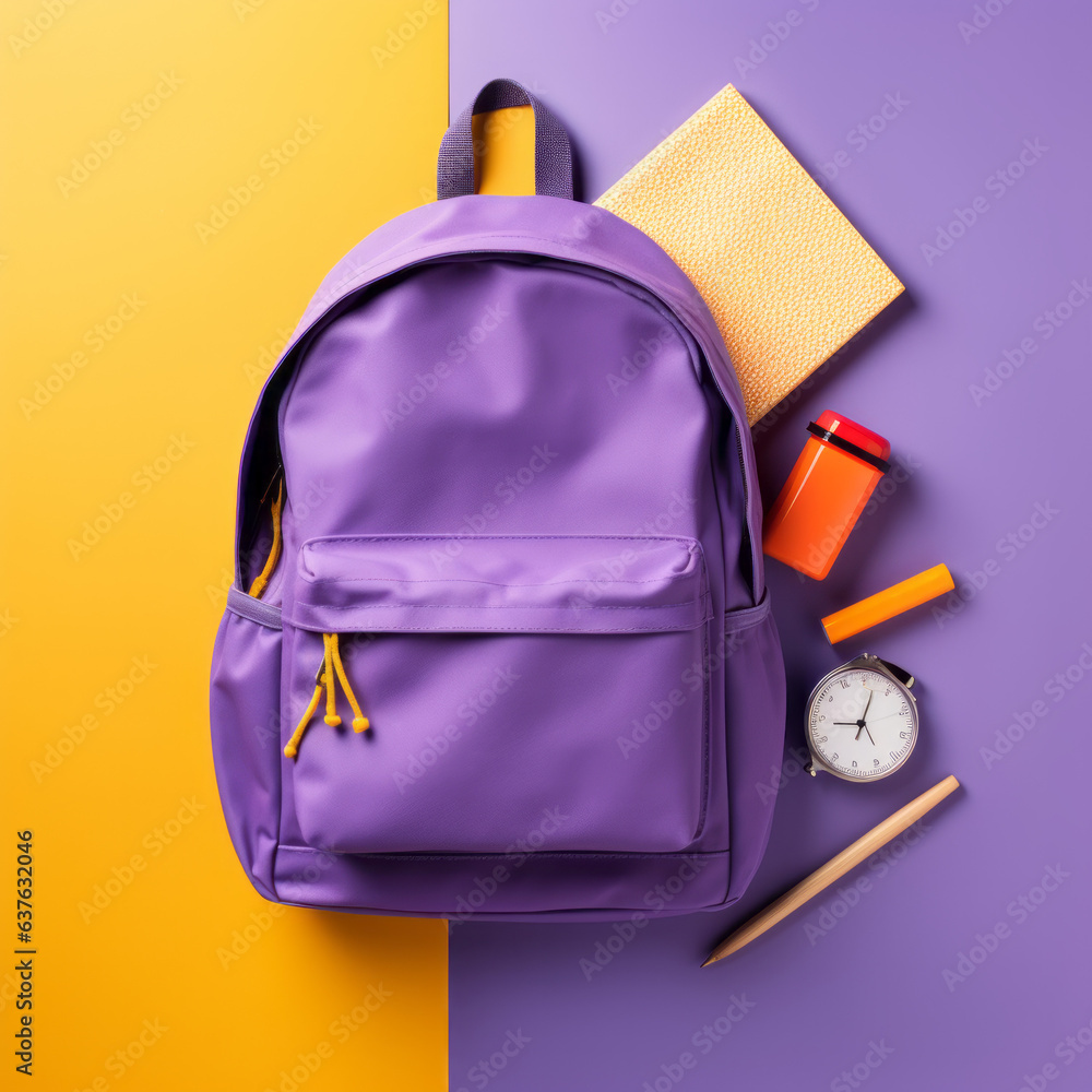 Full school backpack with books isolated on purple and yellow ...