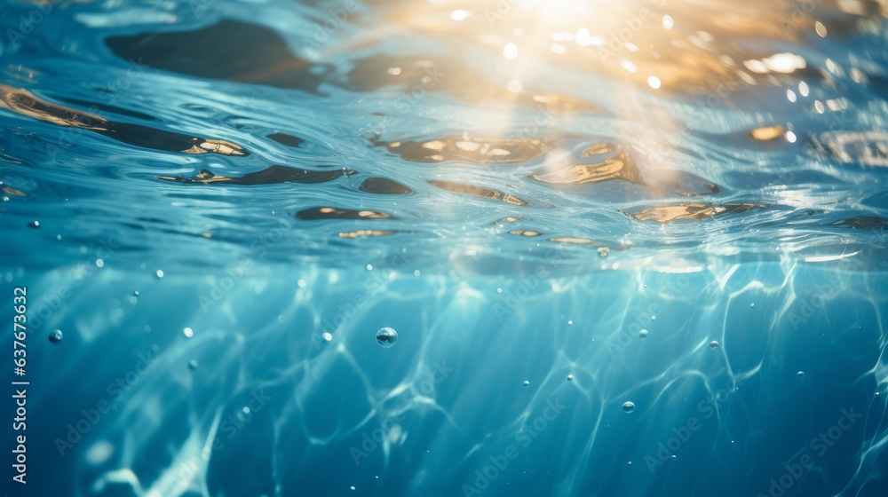 Bright beams of sunlight refracting through the surface of the ocean ...