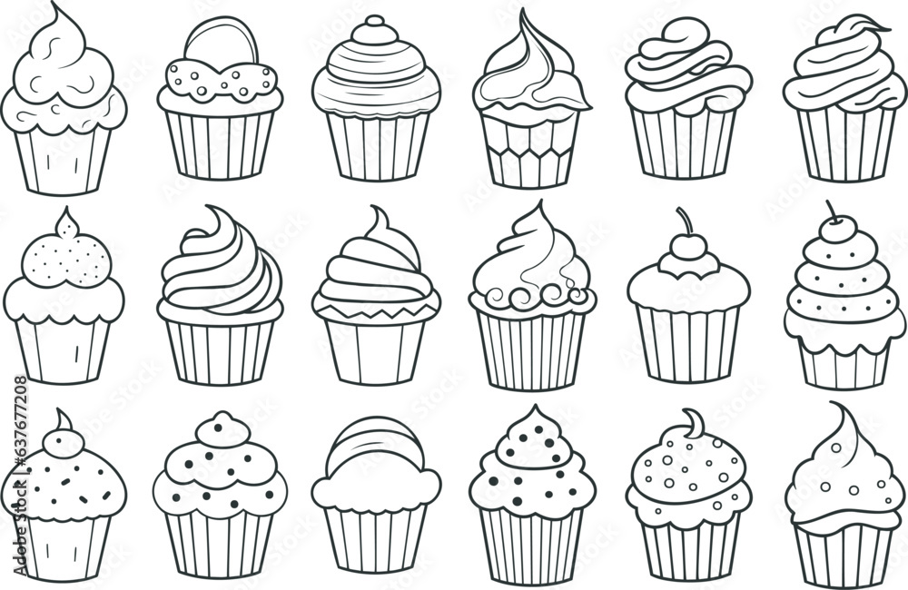 Set of cute cupcakes. Outline illustration, Funny dessert illustration ...