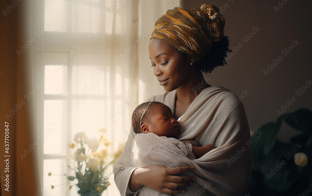 Black african american dark-skinned happy loving mother takes care of ...