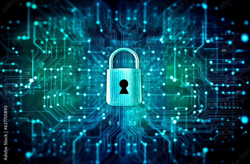 Cyber security concept. Lock, key hole on blue digital pattern ...