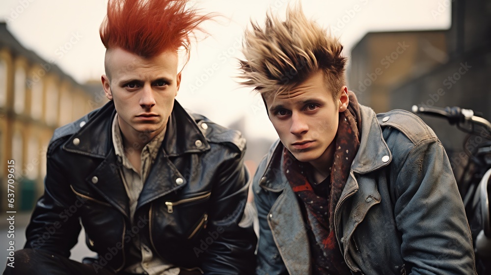 British punks with leather jackets on streets, rockers on street ...