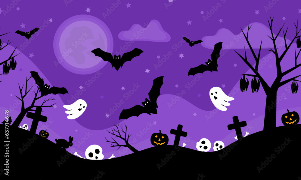 Purple Halloween night background in flat design. Vector Halloween ...