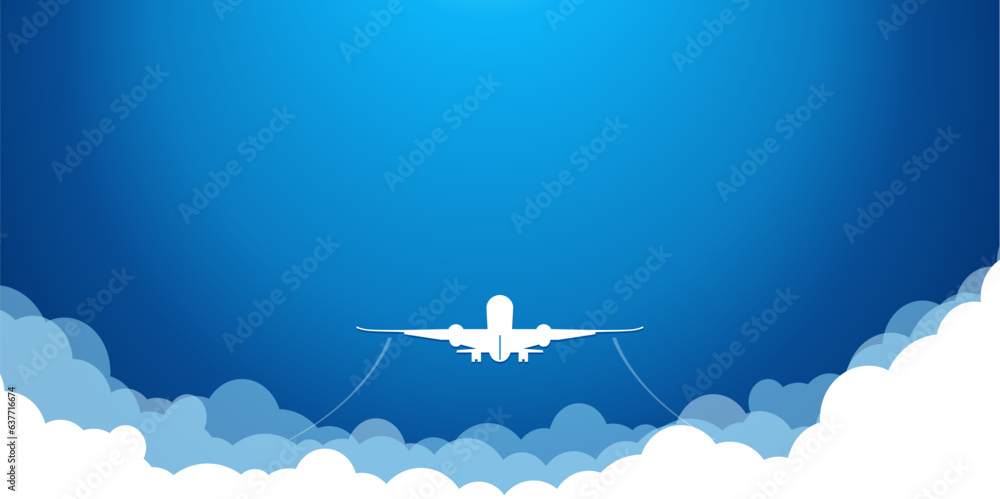 White plane in the blue sky rises flying above the clouds. Vector ...