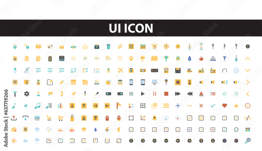 189 Essential Icons Set in Filled Style. The set consists of essential ...
