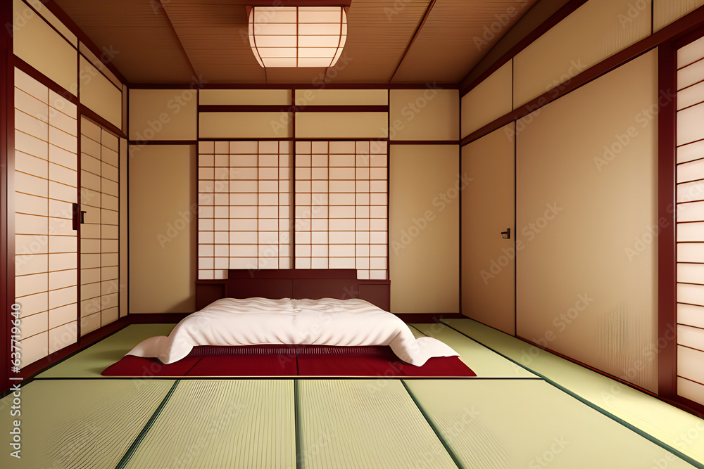 Nihon room design interior with door paper and cabinet shelf wall on ...