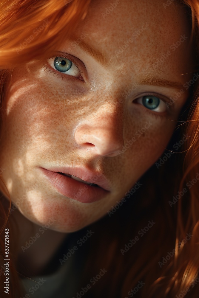 A fiery redheaded woman stares intently, her skin illuminated by the ...