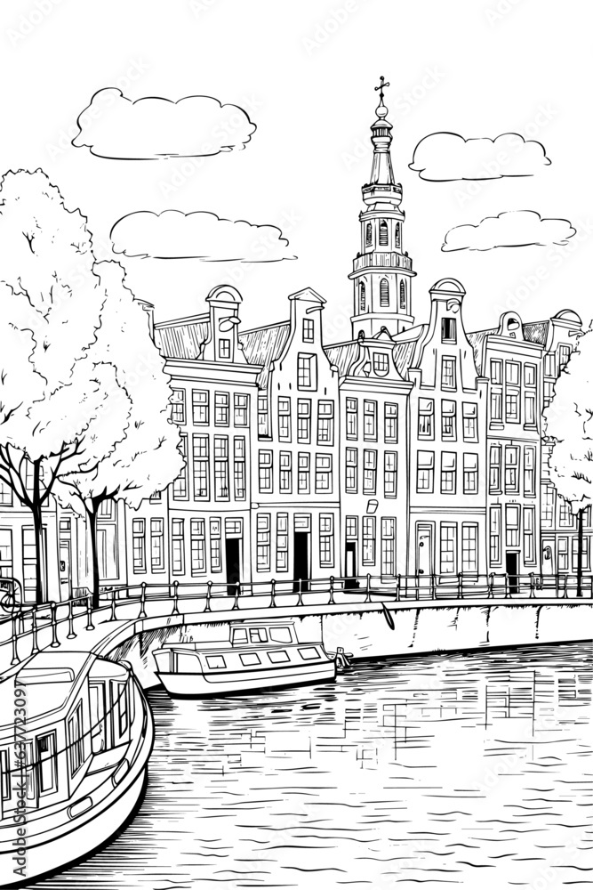 Netherlands Amsterdam cityscape black and white coloring page for ...