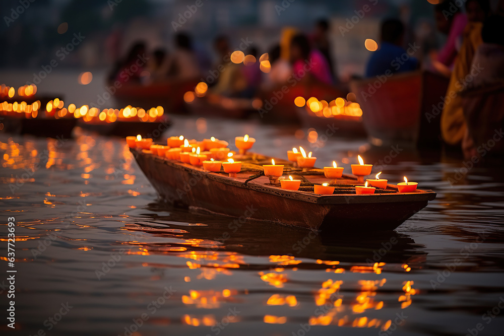 Typical floating diya on the river for celebrating Diwale festive ...