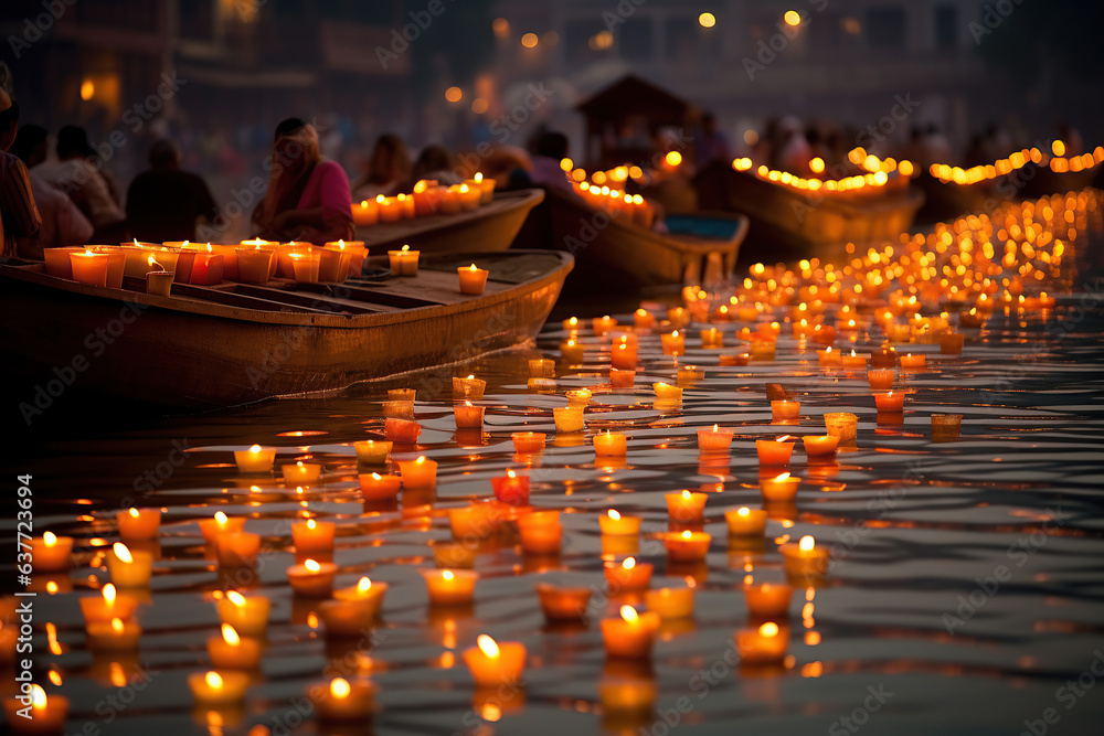 Many oil lamps diya floating on the river for celebrating Diwale ...