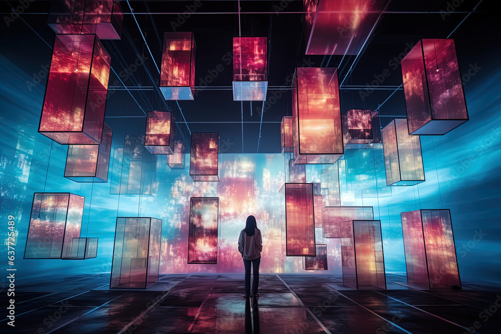 Imaginative scene with floating multimedia screens that project ...