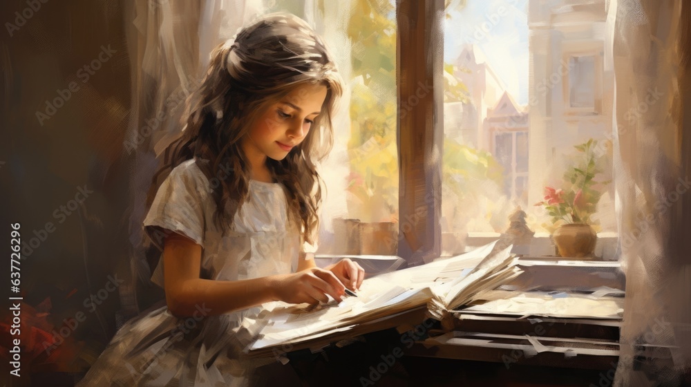 A painting of a young girl reading a book Stock-Illustration | Adobe Stock
