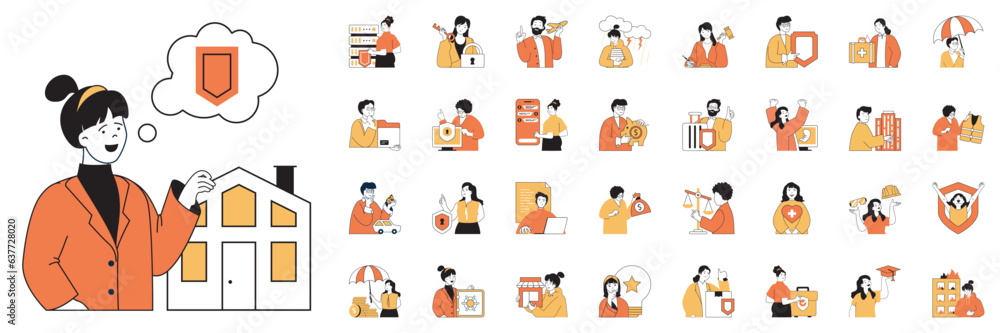 Insurance concept with character situations mega set. Bundle of scenes ...