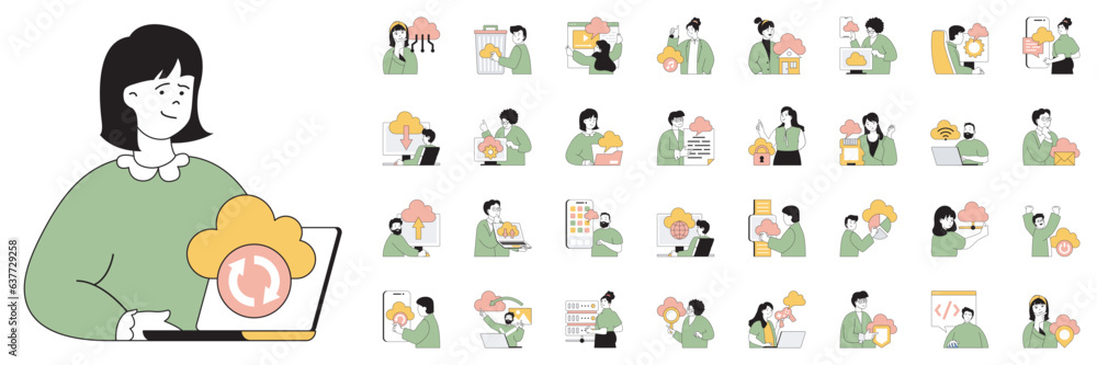 Cloud computing concept with character situations mega set. Bundle of scenes people upload and ...