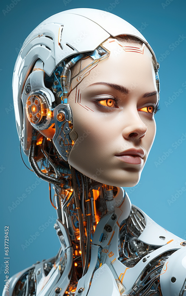Android beautiful robot face portrait on blue background. Artificial ...