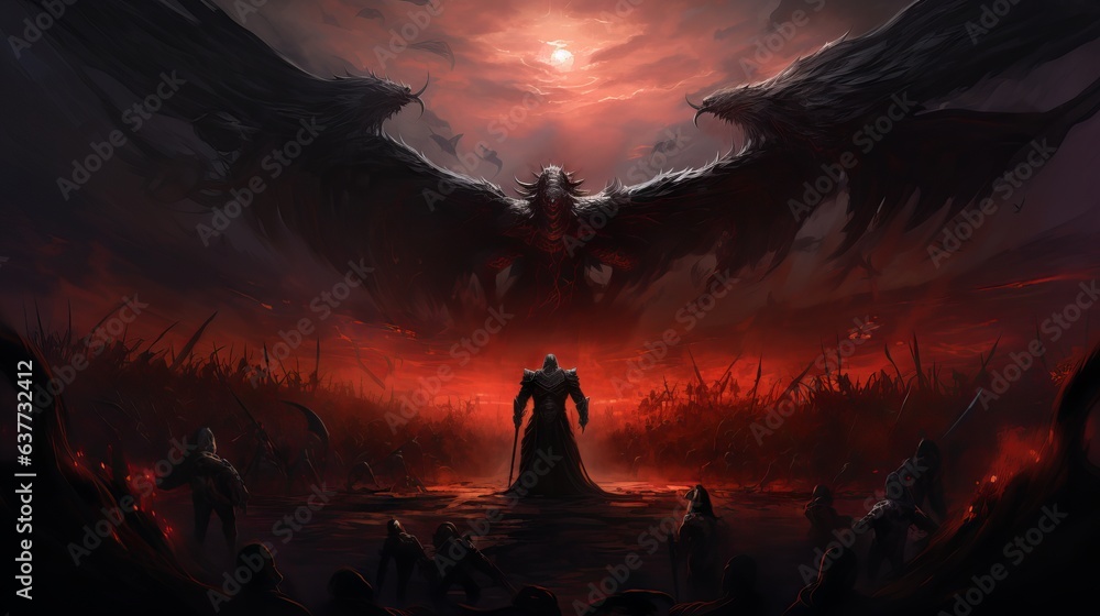 Giant boss with glowing battlefield red wings floating above army on ...