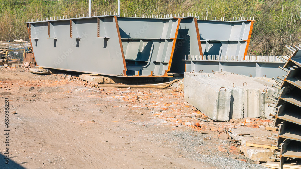 Construction of a bridge for road transport. Installation of steel ...