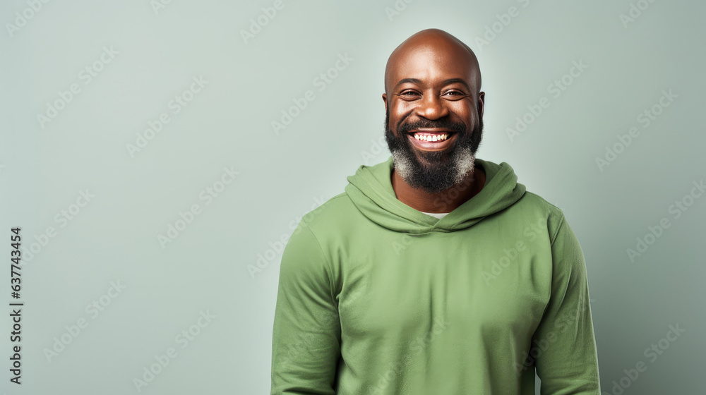 Cheerful Nigerian man in 40s, bald, green hoodie Stock Photo | Adobe Stock