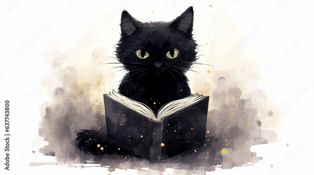 The Starry Night, black cat reading a book, sketch, grainy storybook ...