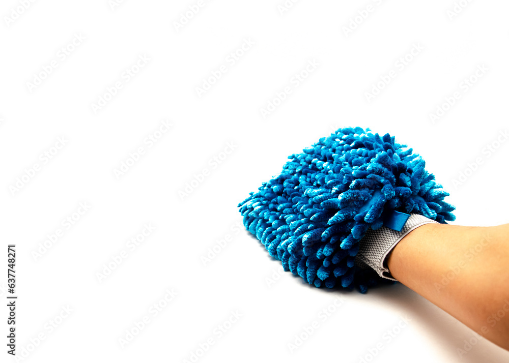 Side view Asian man hand wearing brand new car wash microfiber mitt ...