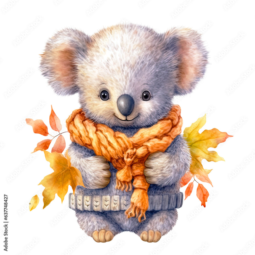 Cute Koala with crochet clothes and scarf Watercolor clipart isolated on Transparent Background ...