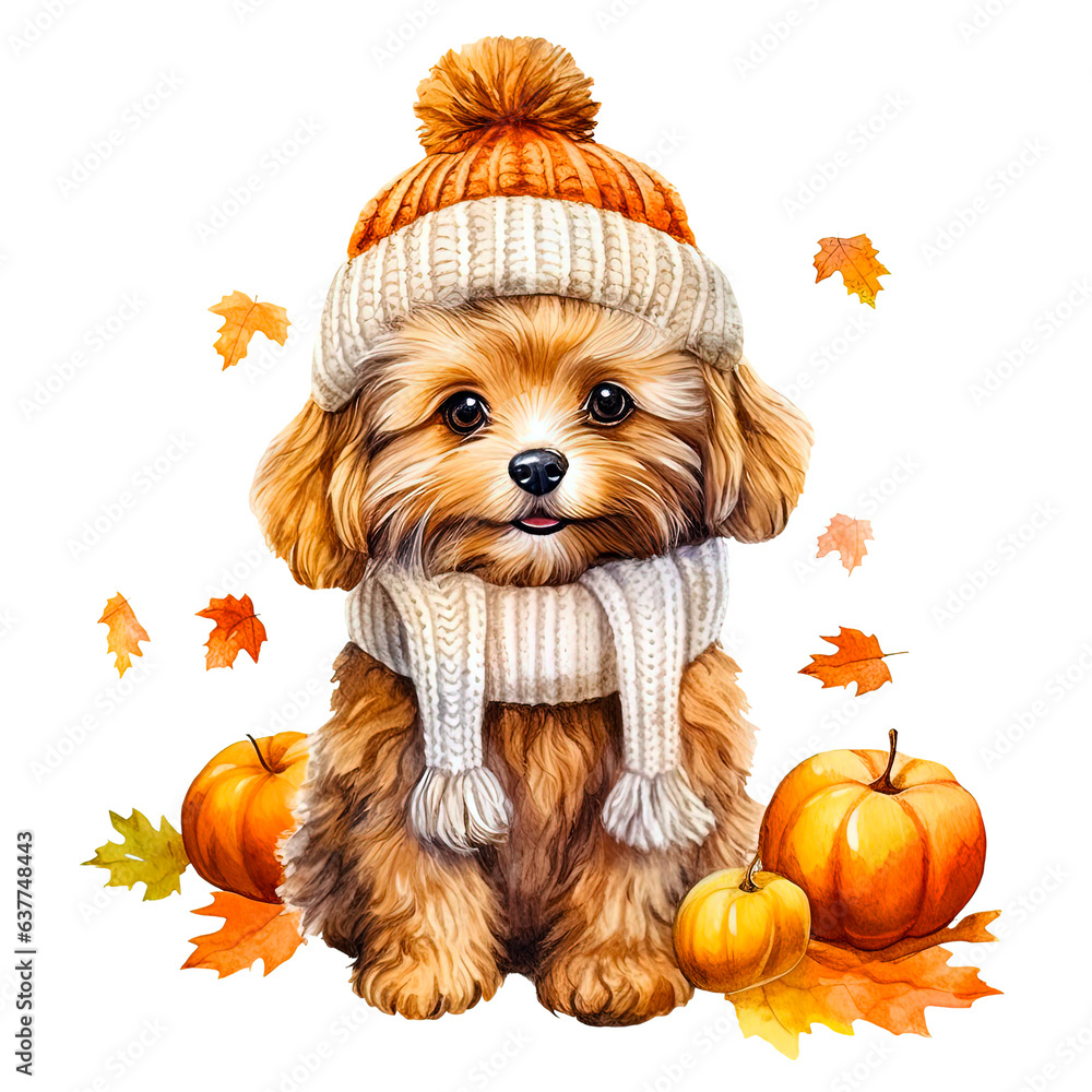 Cute Puppy dog with crochet clothes and scarf Watercolor clipart ...