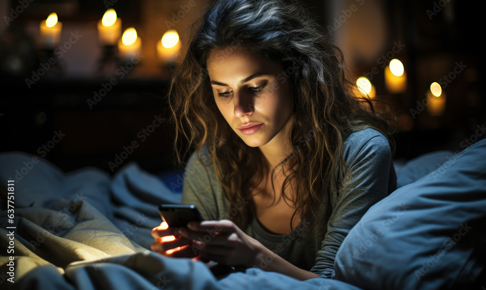 Young Woman with Smartphone Addiction Lies in Bed Late at Night ...
