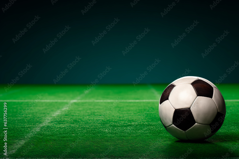 A soccer ball on a soccer field with a place for texts. Sport and ...