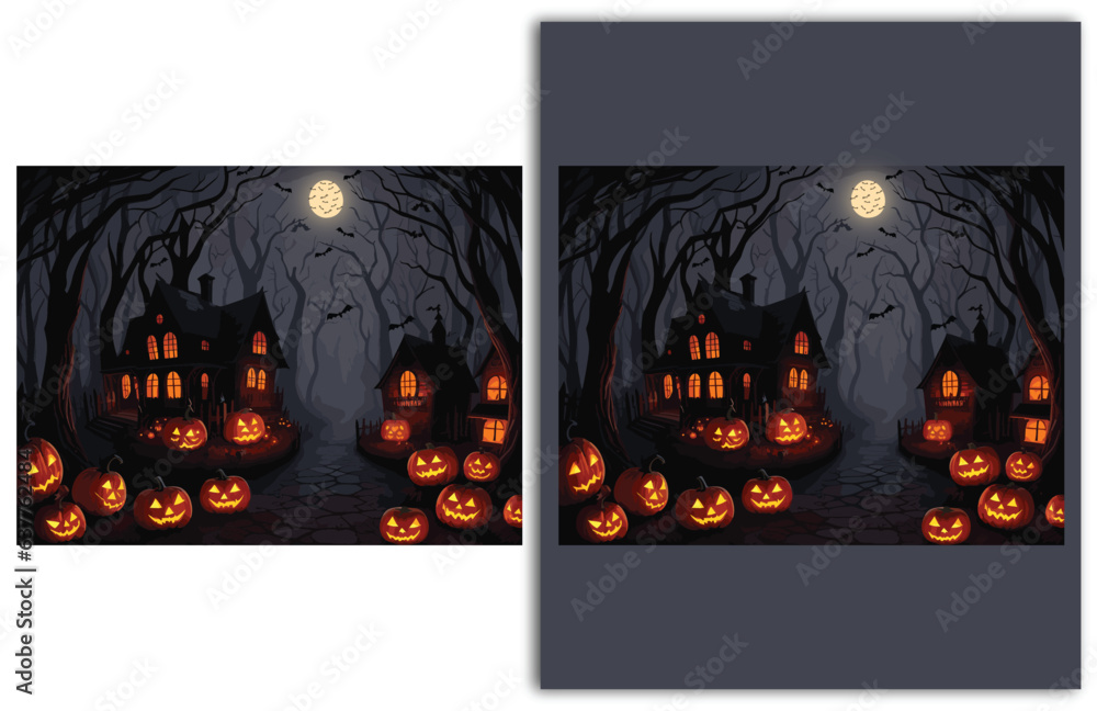 Halloween background with scary pumpkins and bats in a dark forest at ...