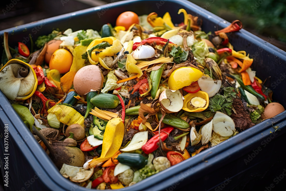 Compost container with mix vegetables and fruits peels and scraps ...