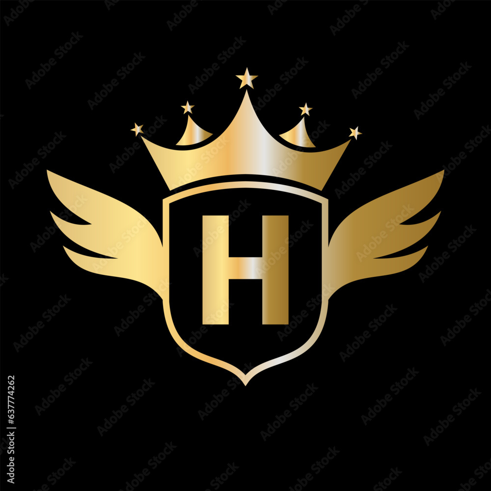Letter H Transportation Logo With Wing, Shield And Crown Icon. Wing ...