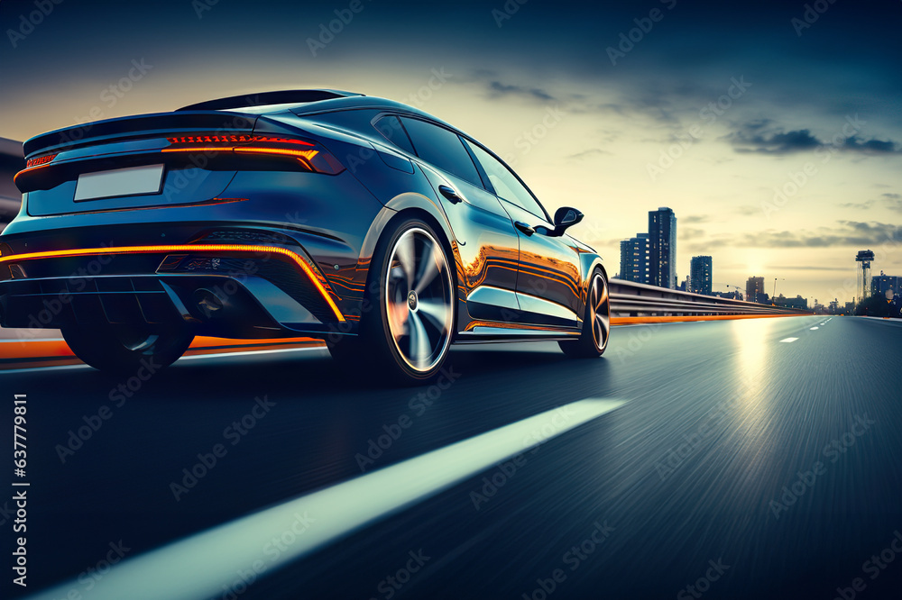Dynamic Drive: Rear View of Blue Business Car Speeding Through a High ...