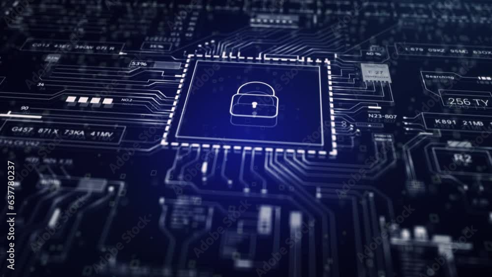 Motherboard Lock cyber security. Technological UI HUD stealing data, access and programming code ...