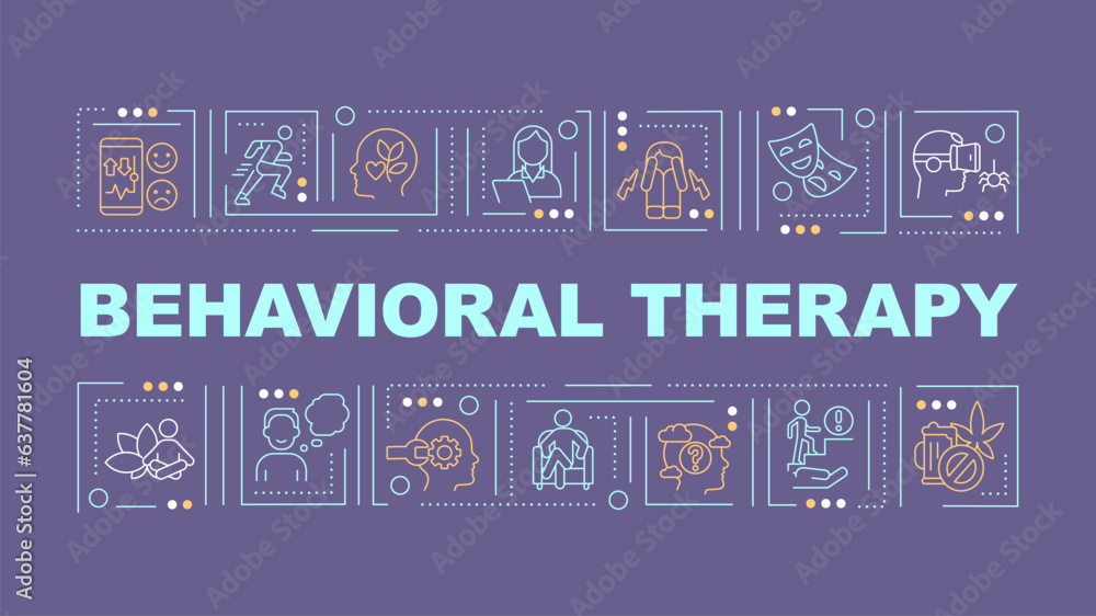 Behavioral therapy text with various thin line icons concept on dark ...