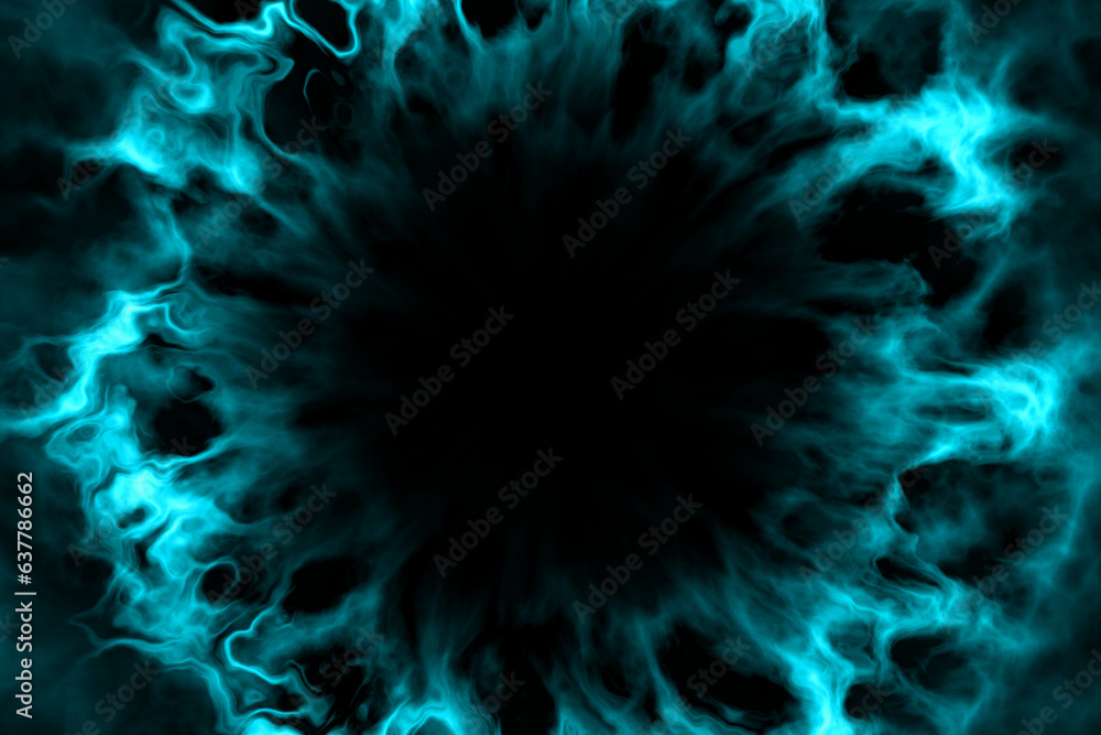 Shockwave explosion. Light blue smoke effect on black background ...