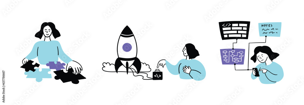 Cartoon Color Web Development Concept Scenes Set Flat Design Style