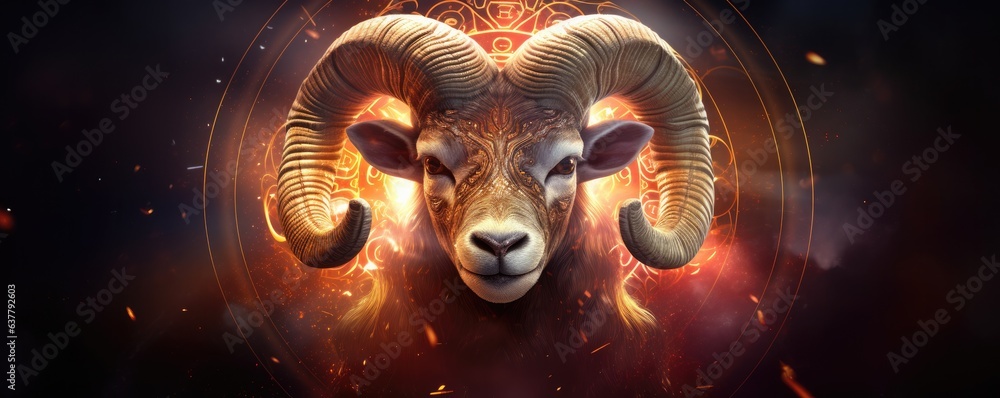 Zodiac sign of aries head with magic light in star wheel , horoscope ...
