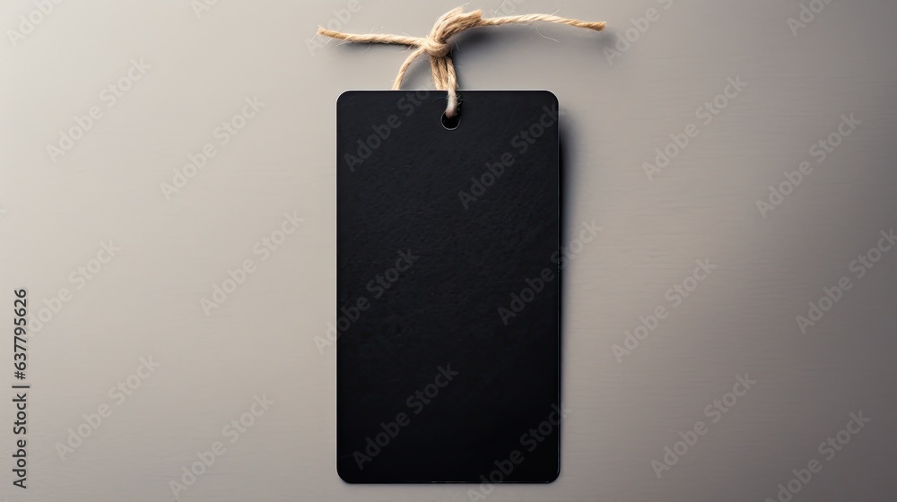 Blank black paper label made from recycled kraft paper hanging on white ...