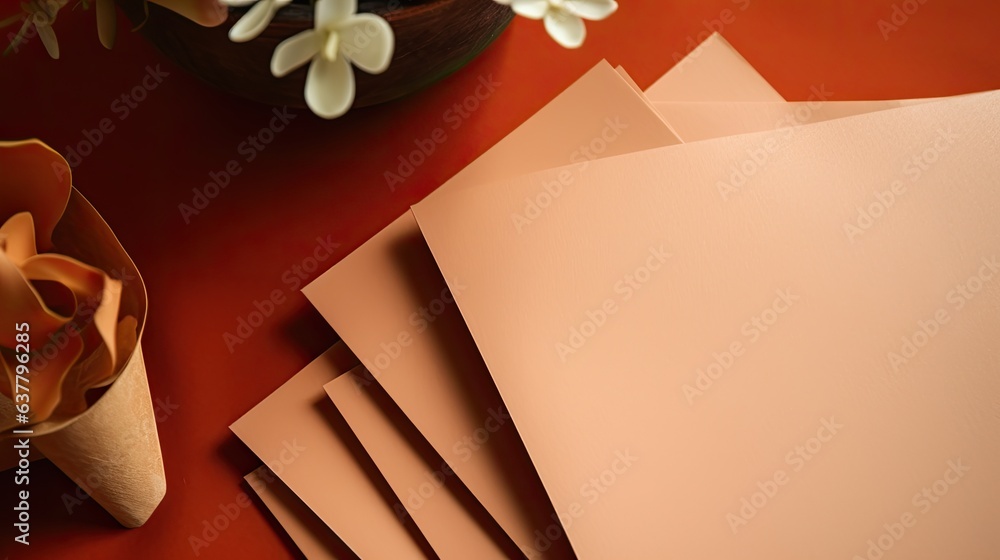 Crafted paper sheets arranged artistically on a terracotta background ...
