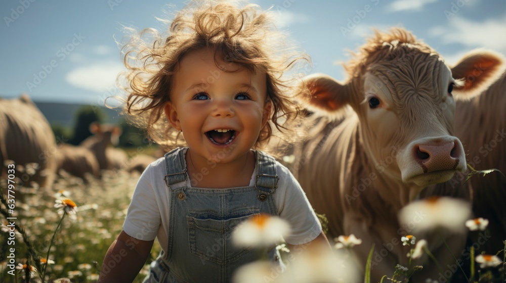Baby Boy milk the cow, playing with cow on a milk meadow farm, happy ...