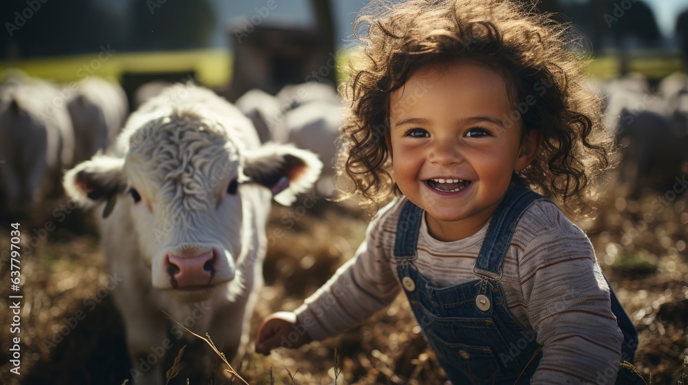 Baby Boy milk the cow, playing with cow on a milk meadow farm, happy ...