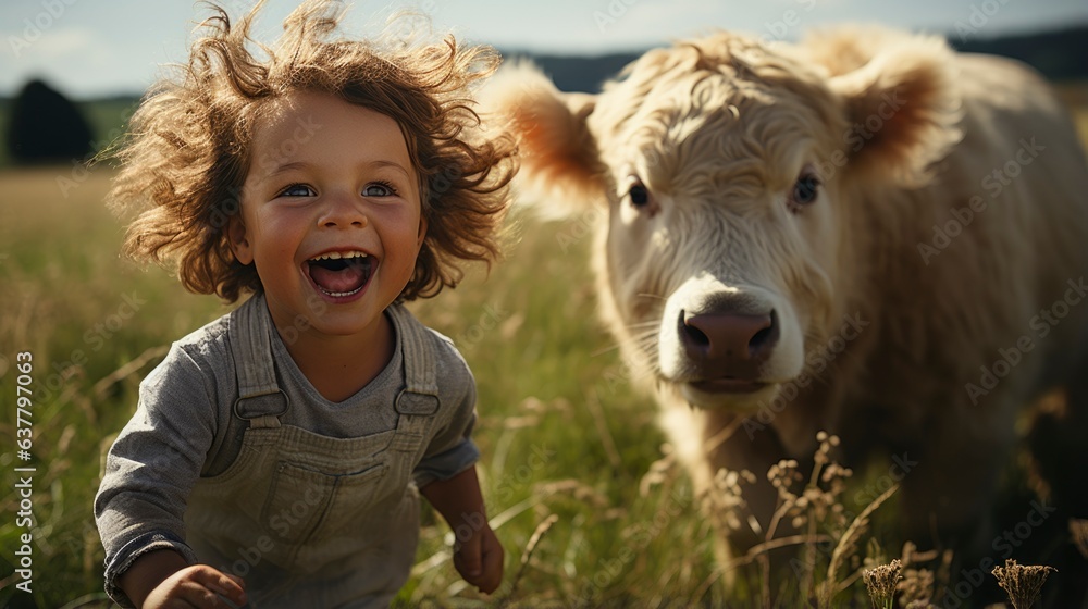 Baby Boy milk the cow, playing with cow on a milk meadow farm, happy ...