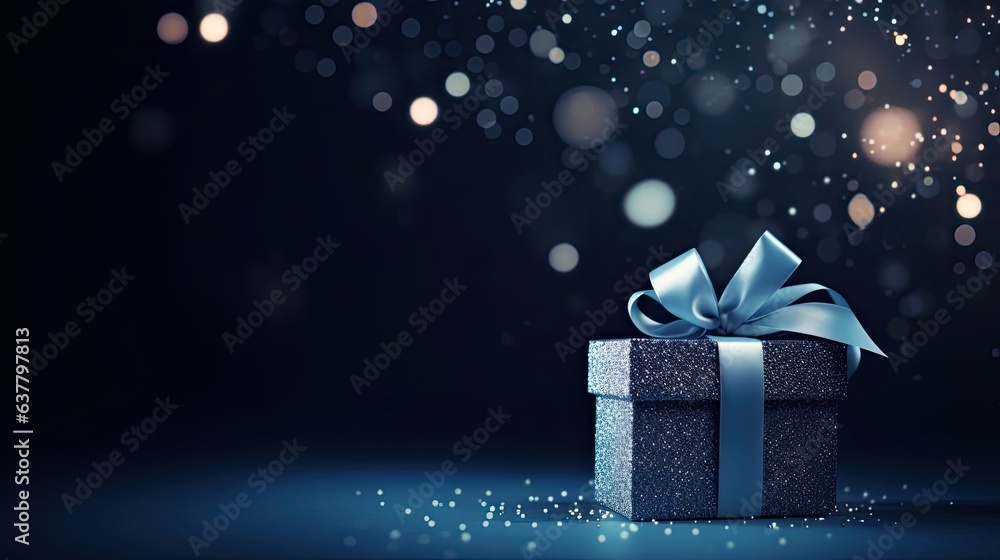 Festive blue background with sparkles and a small white gift box ...