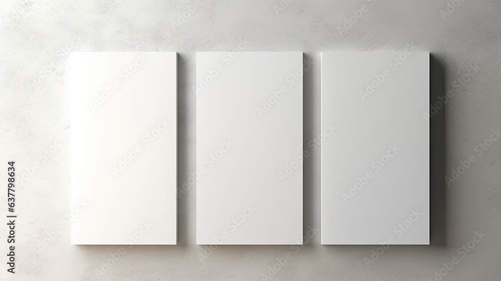 Three vertical white rectangle poster mockups with soft shadows on a ...