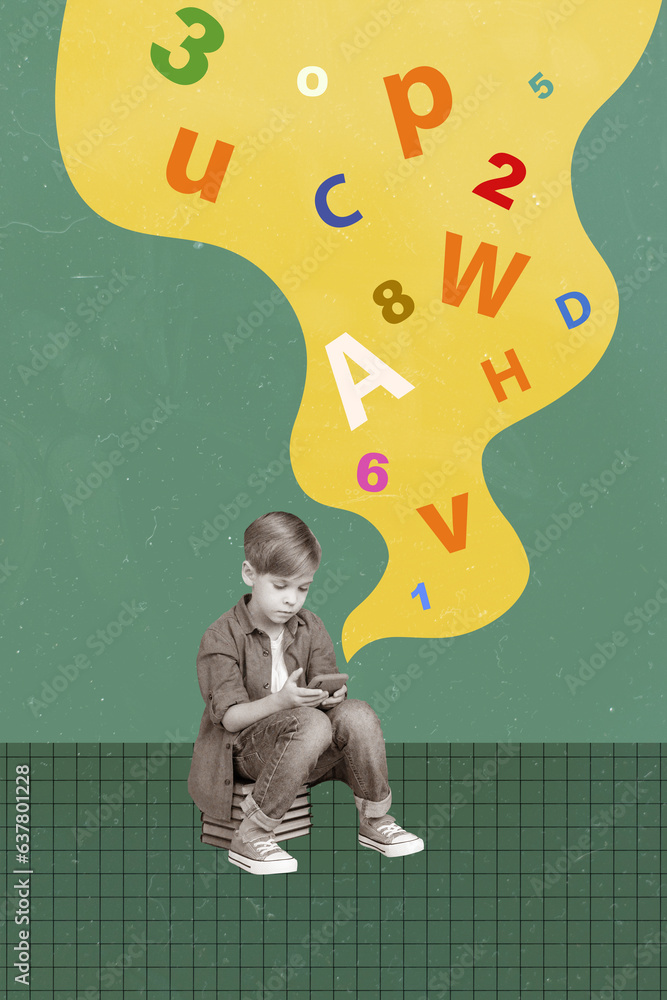 Vertical photo collage of funny little school boy primary preparation ...