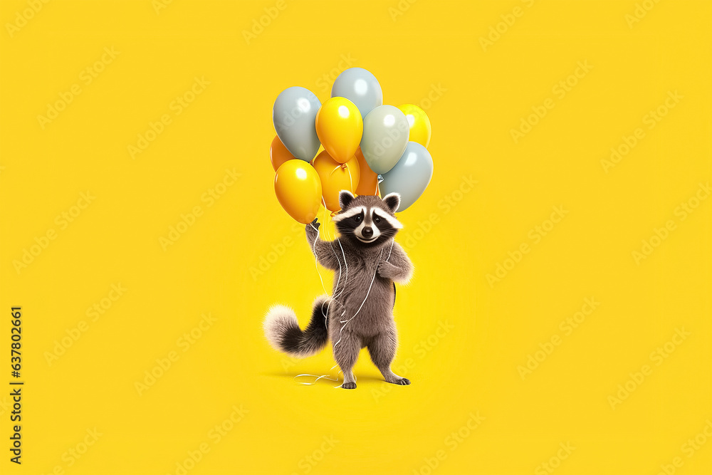 raccoon holding balloons over yellow background, happy birthday concept ...